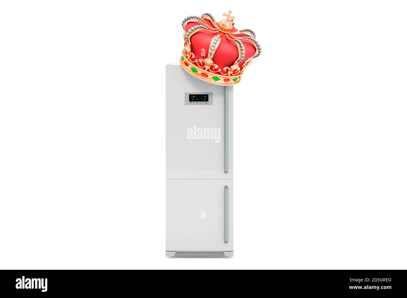 Refrigerator with golden crown, 3D rendering isolated on white ...