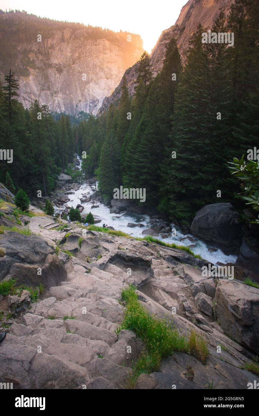Yosemite National Parks - Vernal Fall Trails during Sunset. Golden ...