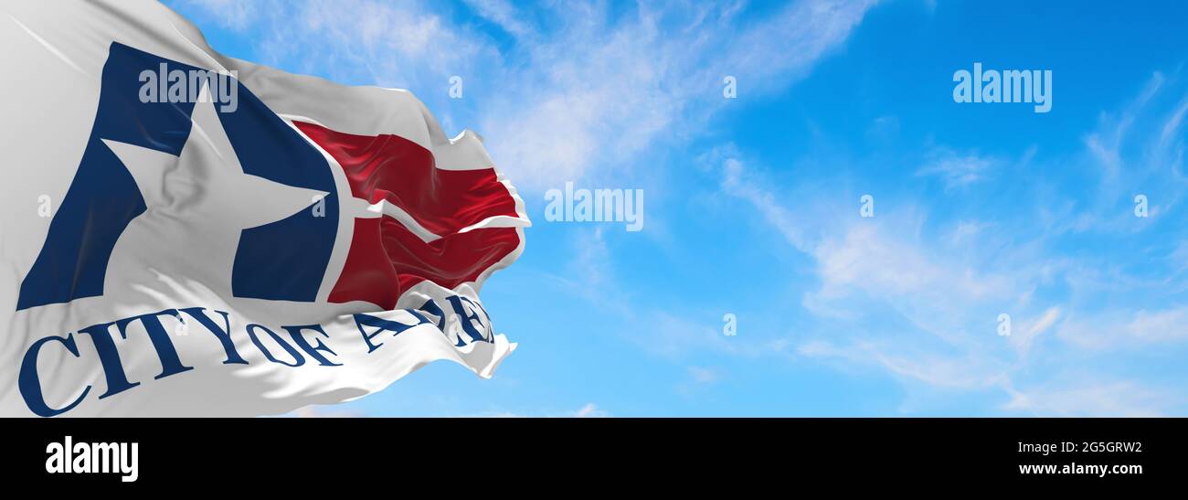 flag of Allen, Texas at cloudy sky background on sunset, panoramic view ...