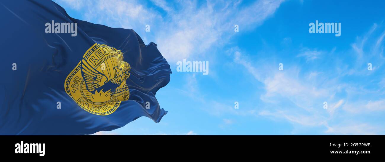 flag of Atlanta at cloudy sky background on sunset, panoramic view ...