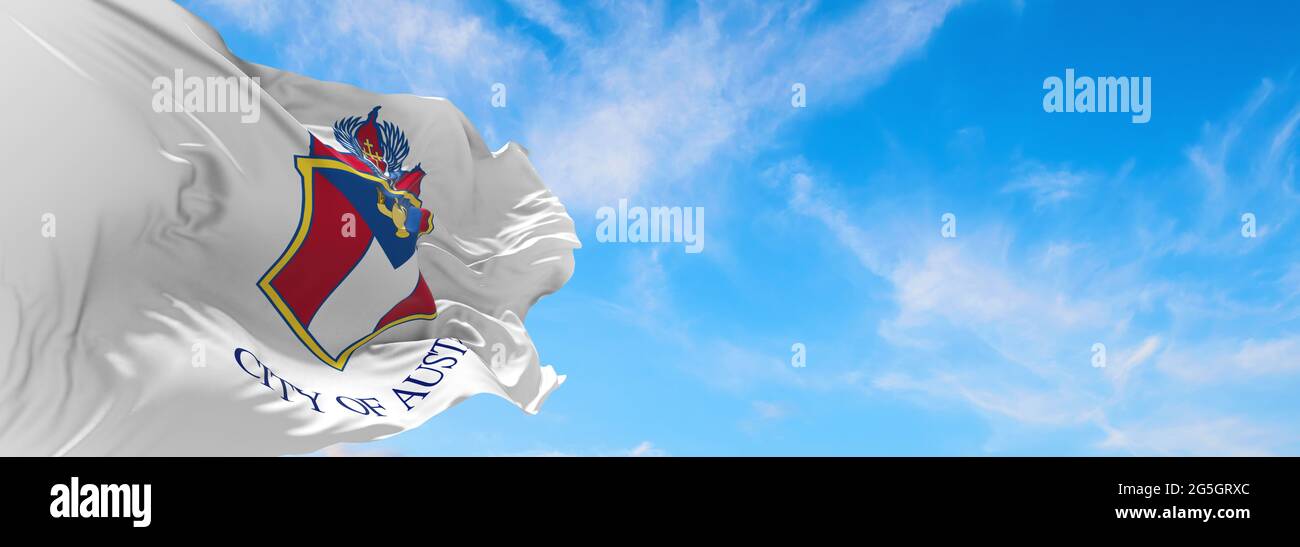 flag of Austin, Texas at cloudy sky background on sunset, panoramic ...