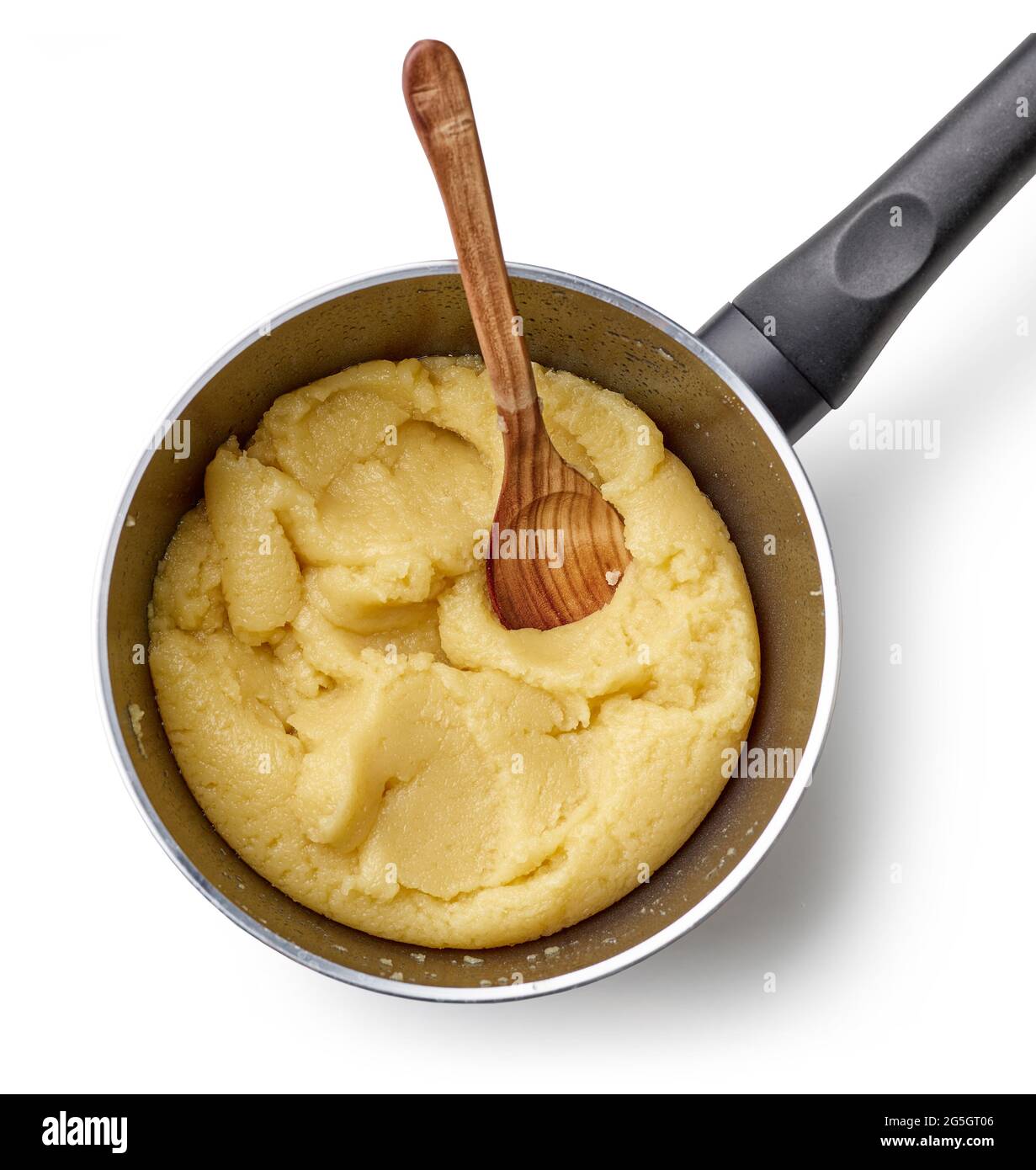 process of making dough for eclairs or cream puffs. pot of dough ...