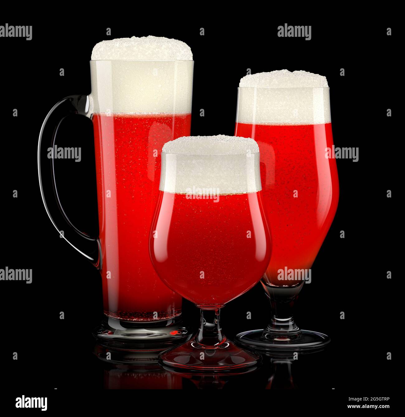 Set of fresh draft beer glasses with bubble froth isolated on black ...