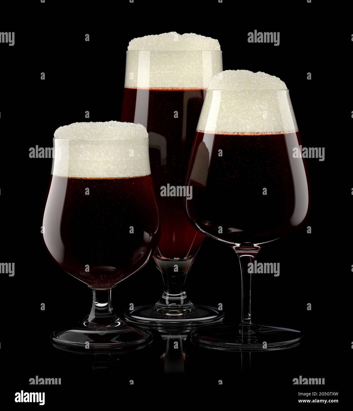 Set of fresh draft beer glasses with bubble froth isolated on black ...