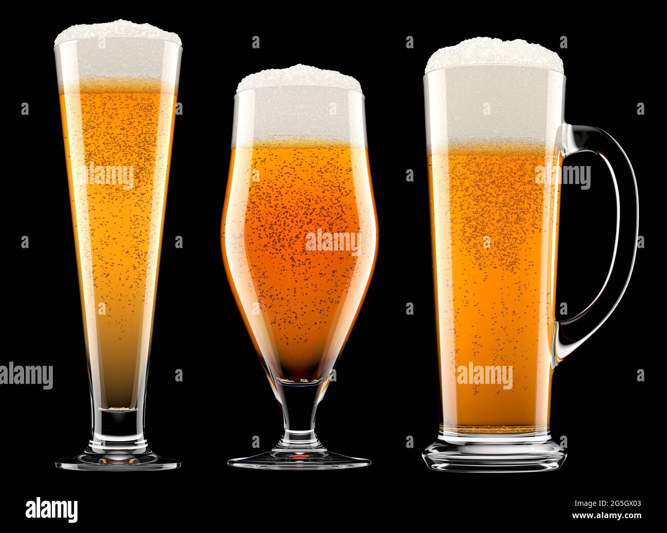 Set of fresh beer in different mugs with bubble froth isolated on black ...