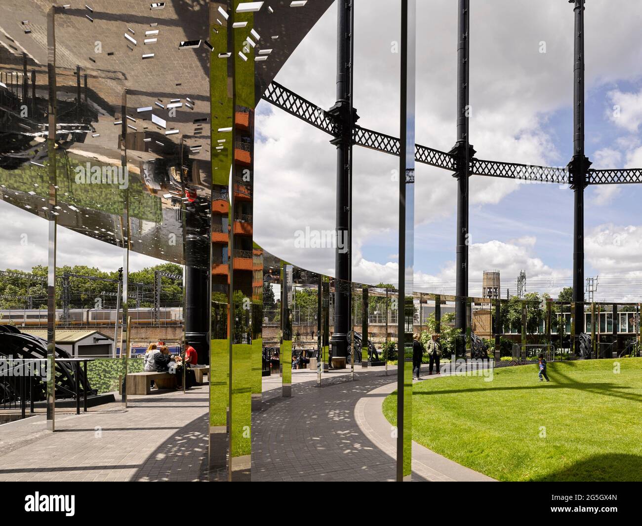 View showing old and new structures. Gasholder Park, London, United ...