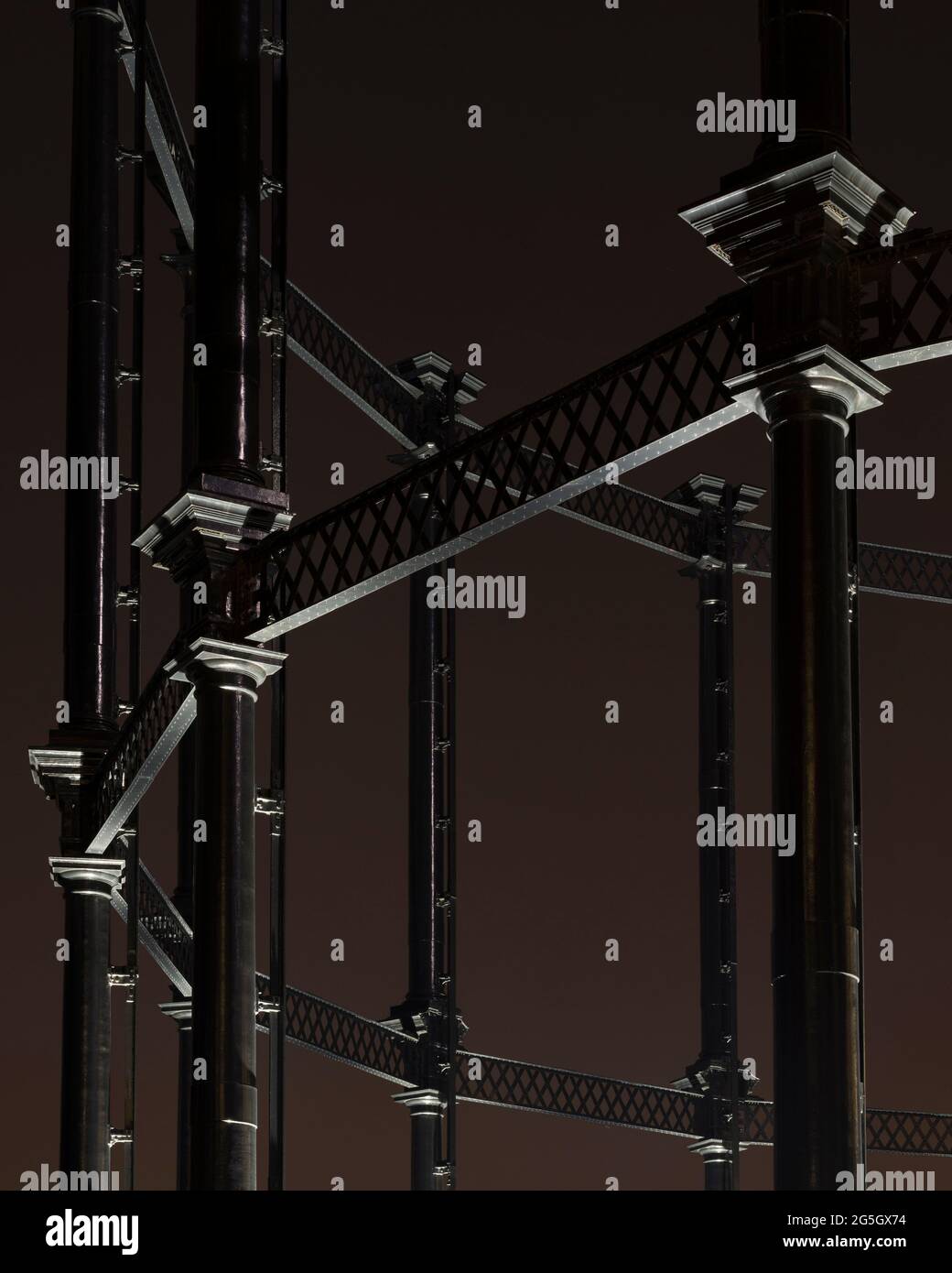 Illuminated gasholder structure. Gasholder Park, London, United Kingdom ...