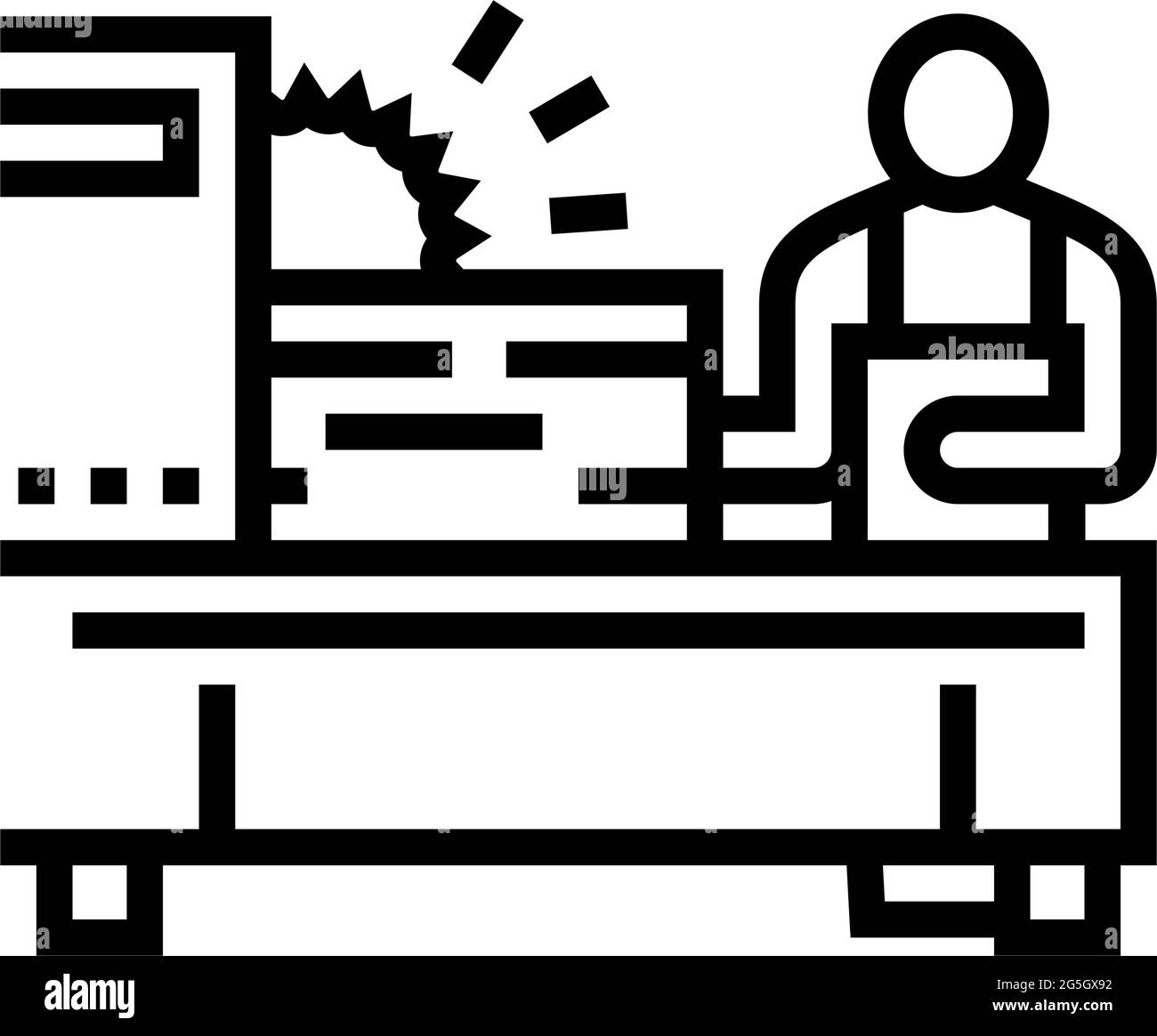 worker cutting wooden timber with sawmill machine line icon vector ...