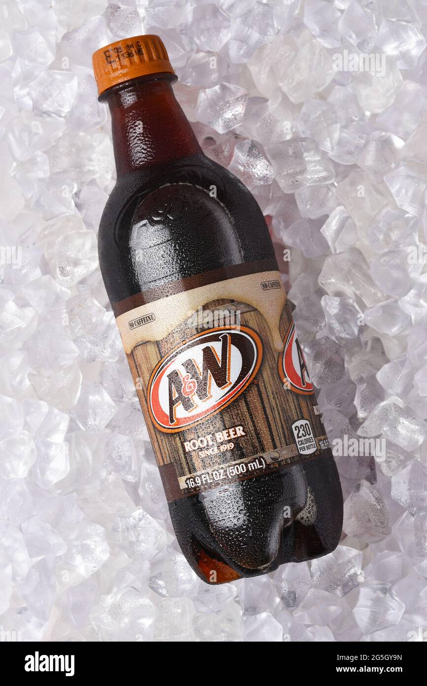 IRVINE, CALIFORNIA - 26 JUNE 2021: A and W Root Beer bottle on ice ...