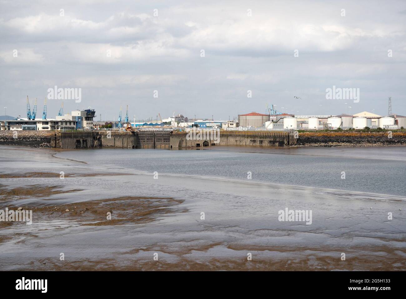 The entrance to Cardiff docks global port from the barrage, Wales, UK ...