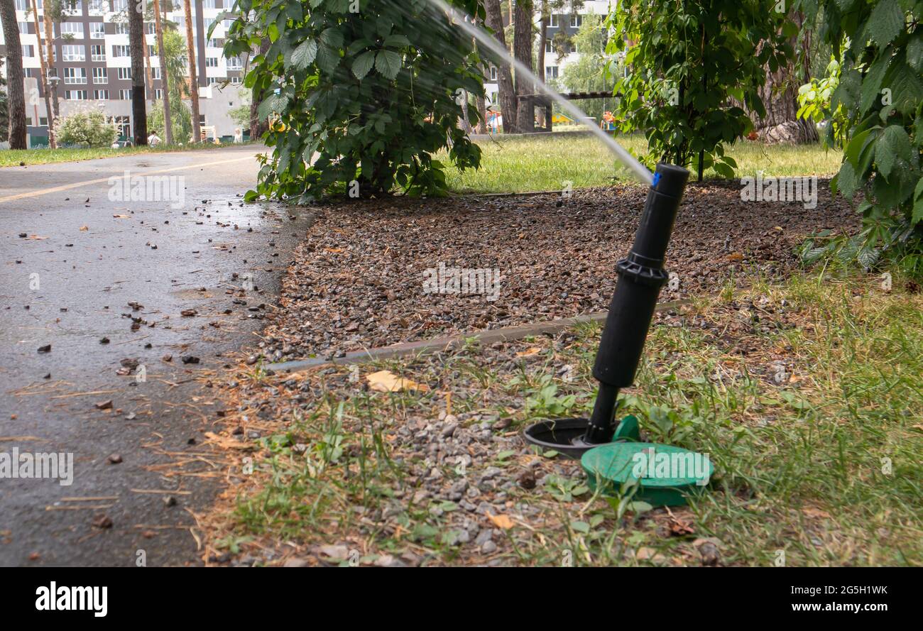 Lawn irrigation system working in a green park. Spraying the lawn with ...