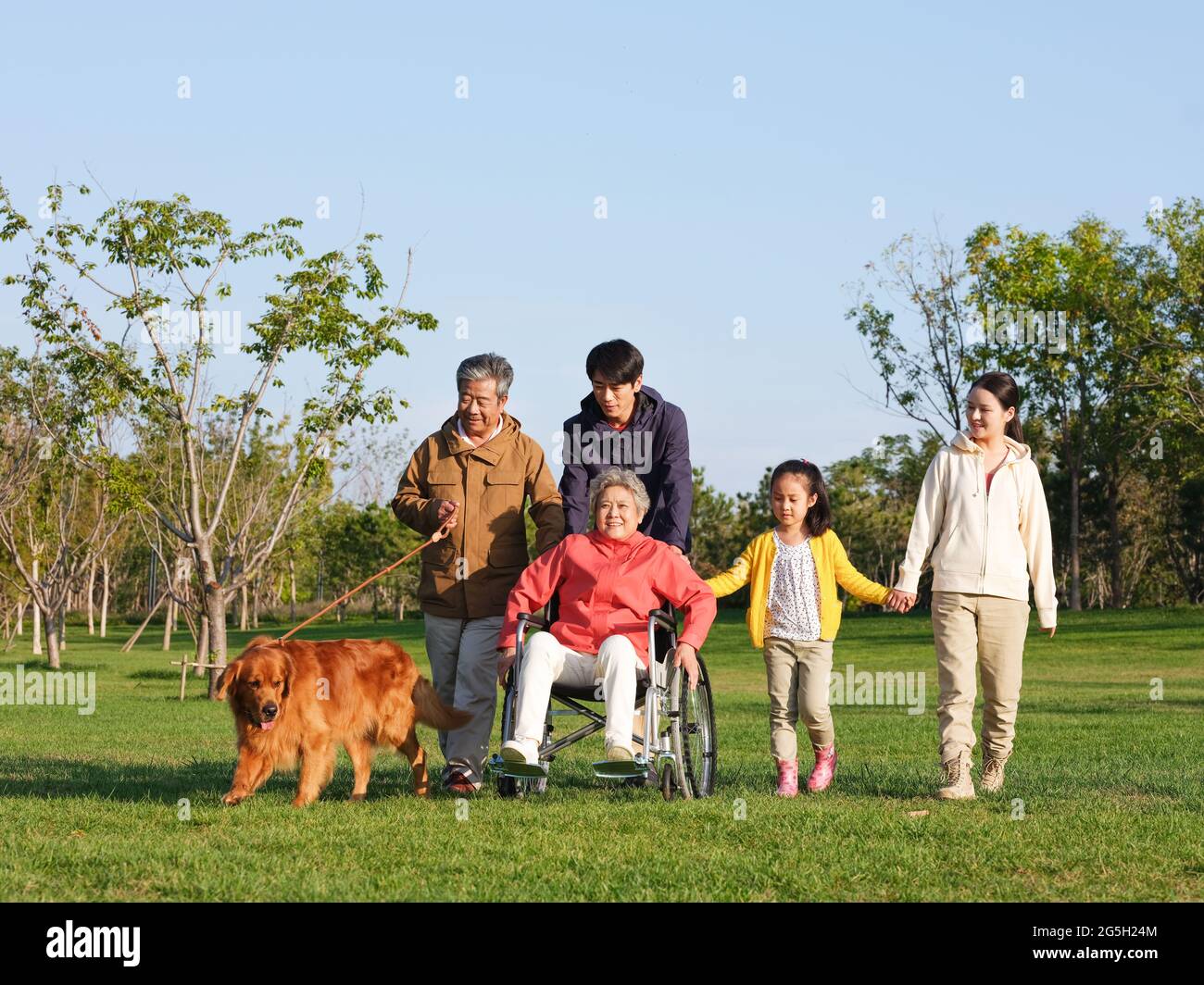 Happy family of five and pet dog walking in the park high quality photo ...