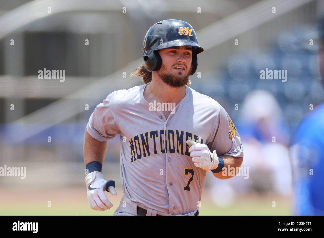June 27, 2021: Montgomery Biscuits infielder Jim Haley (7) scores on a ...