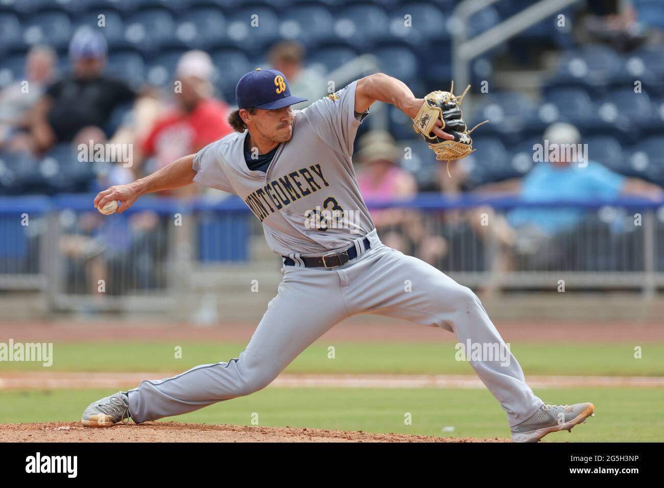 June 27, 2021: Montgomery Biscuits pitcher Jordan Brink (33) delivers a ...