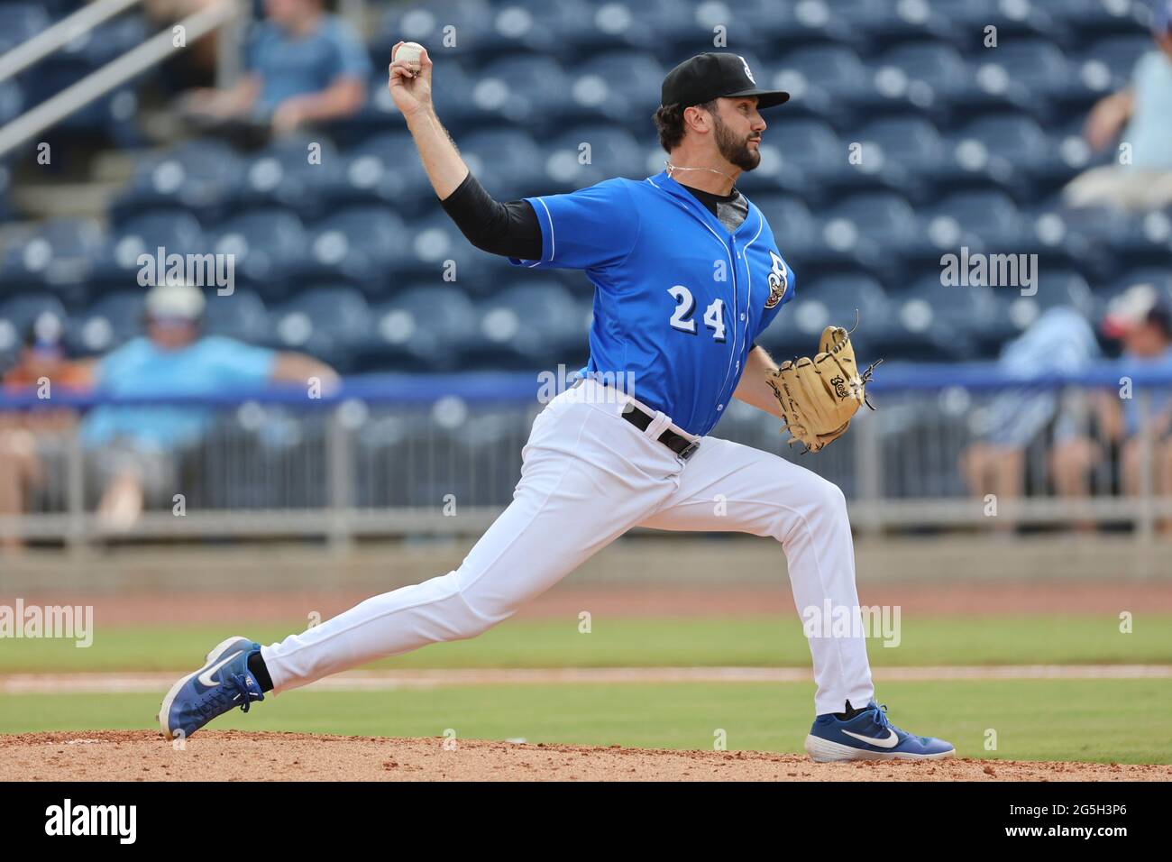 June 27, 2021: Biloxi Shuckers pitcher Zach Vennaro (24) pitches during ...