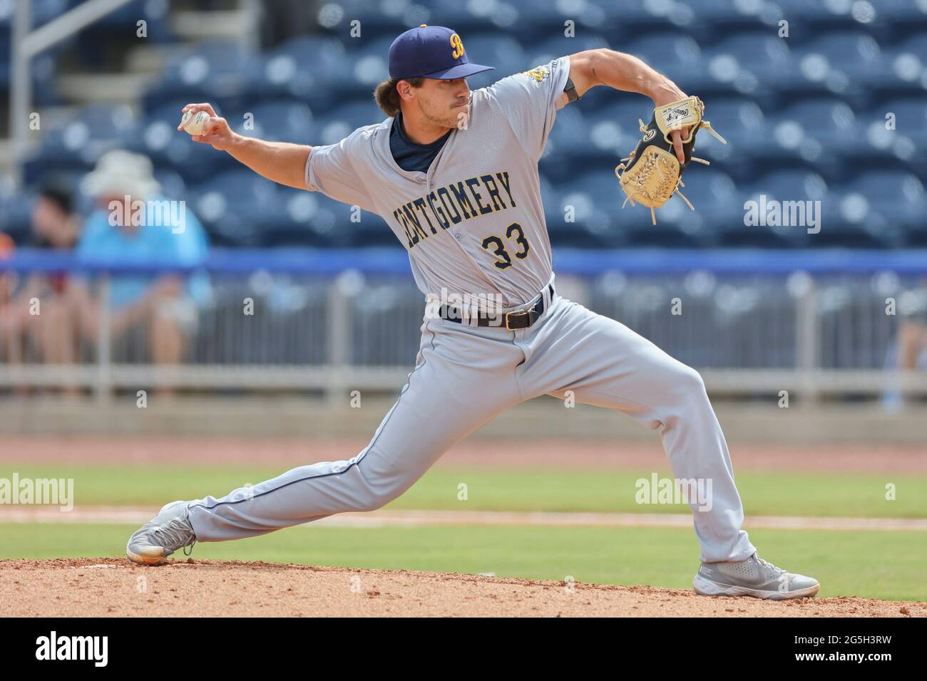 June 27, 2021: Montgomery Biscuits pitcher Jordan Brink (33) pitches ...