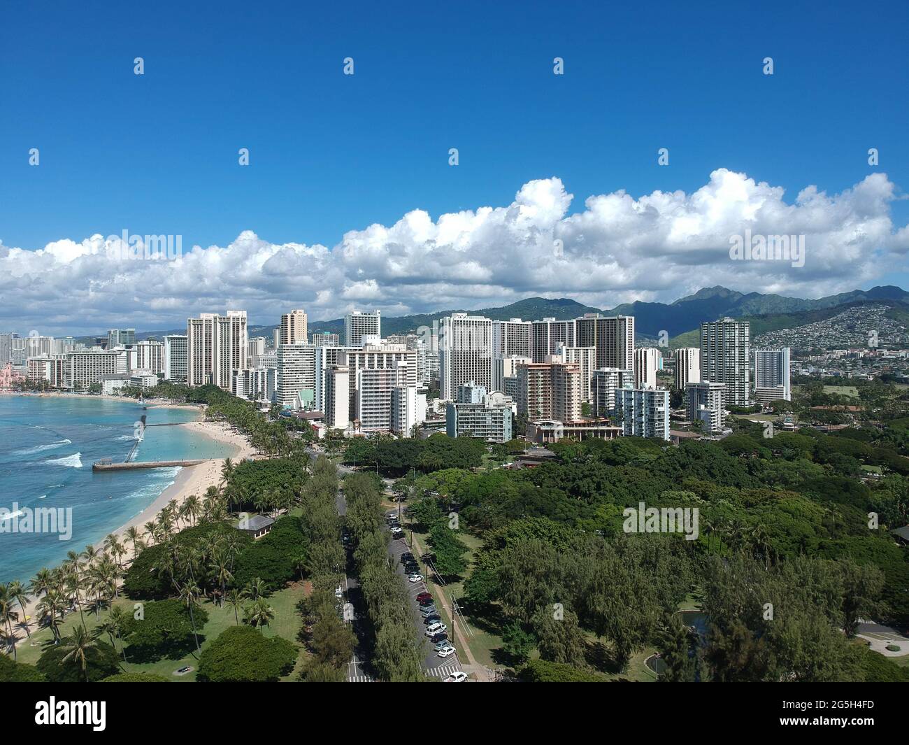 Panorama Aerial drone view of Waikiki Beach Honolulu Hawaii USA hotels ...