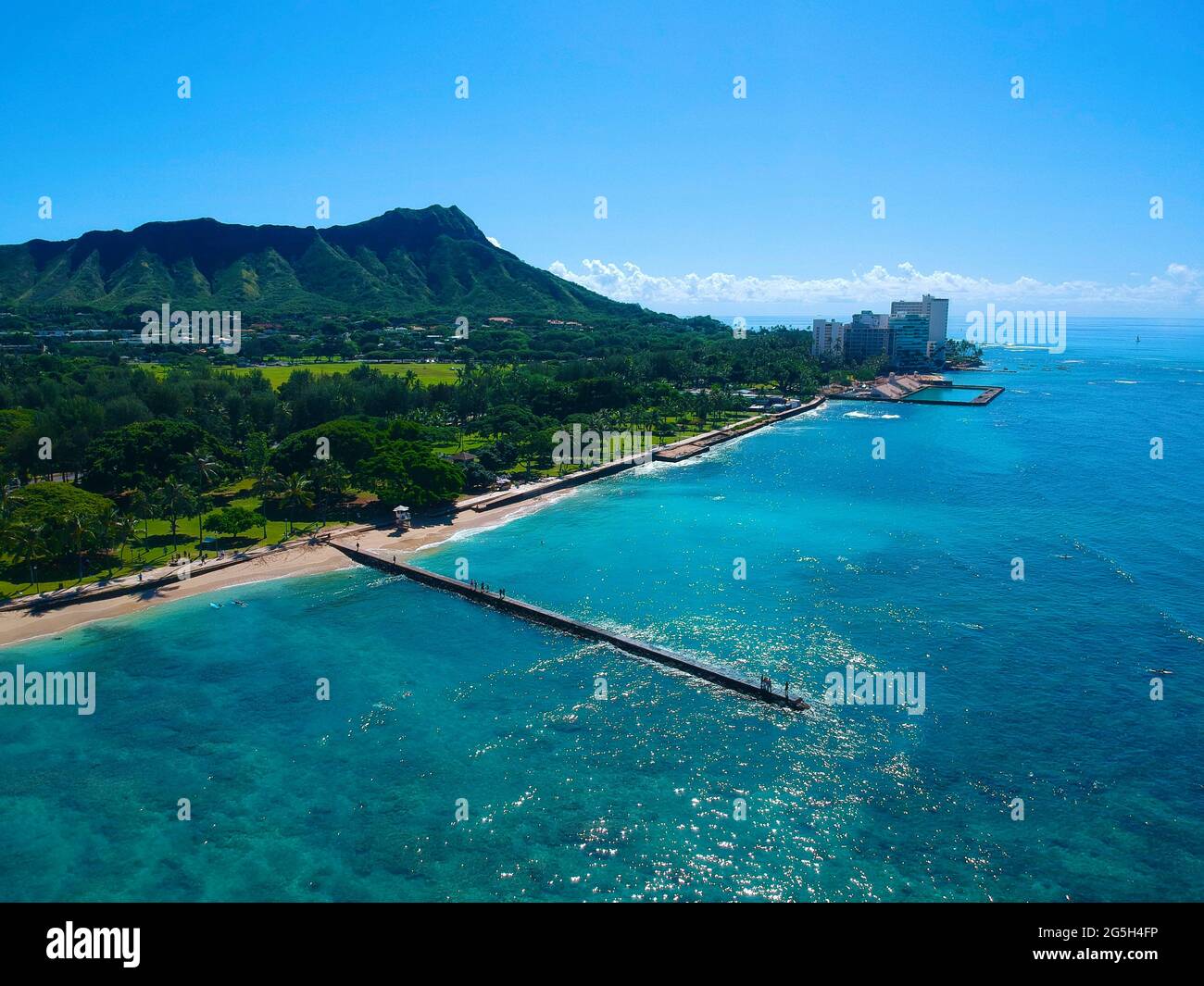 Panorama Aerial drone view of Waikiki Beach Honolulu Hawaii USA hotels ...