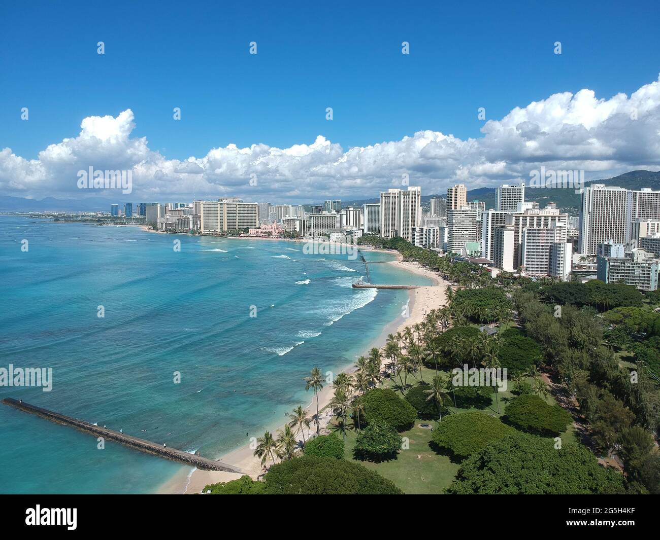 Panorama Aerial drone view of Waikiki Beach Honolulu Hawaii USA hotels ...
