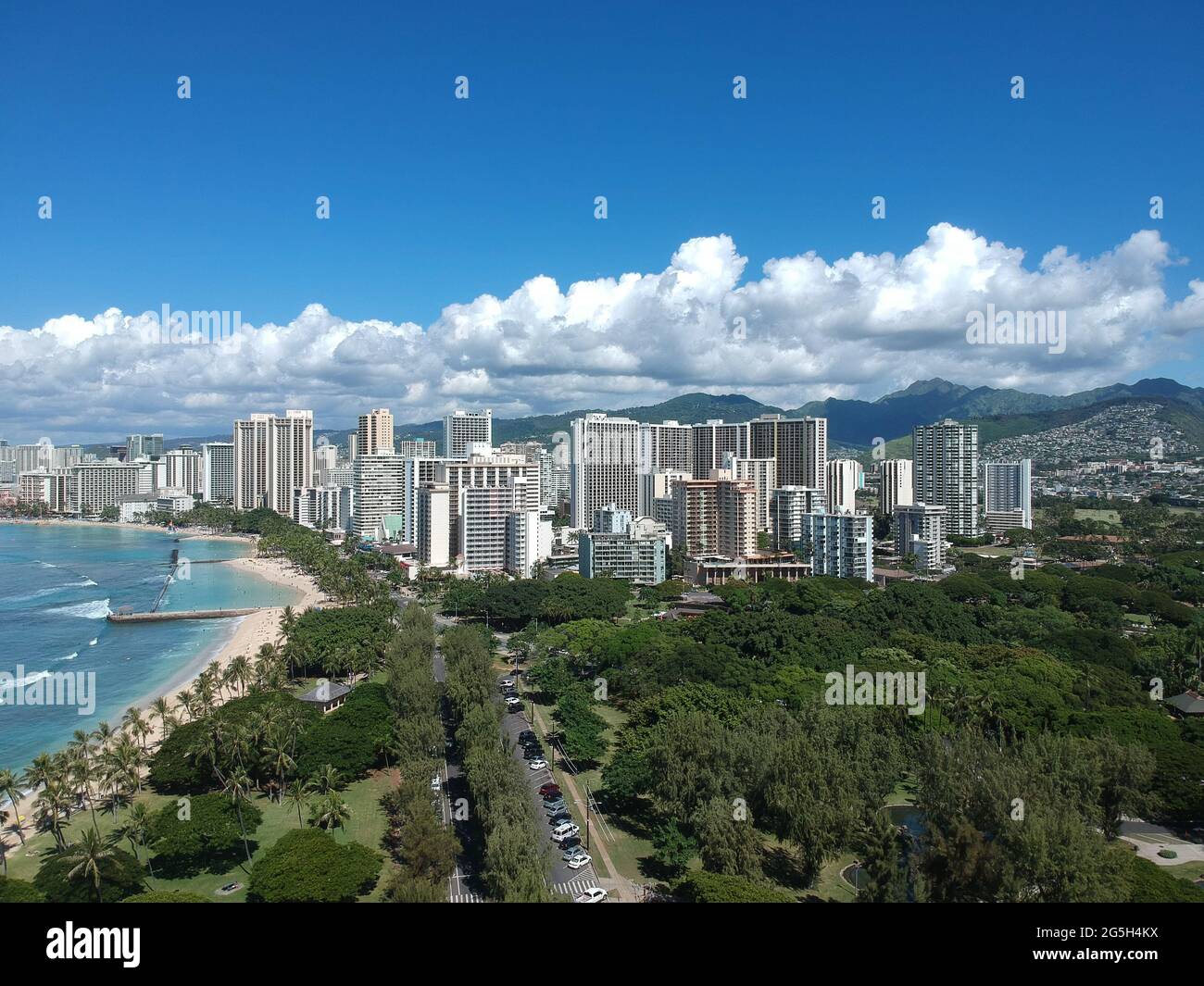 Panorama Aerial drone view of Waikiki Beach Honolulu Hawaii USA hotels ...