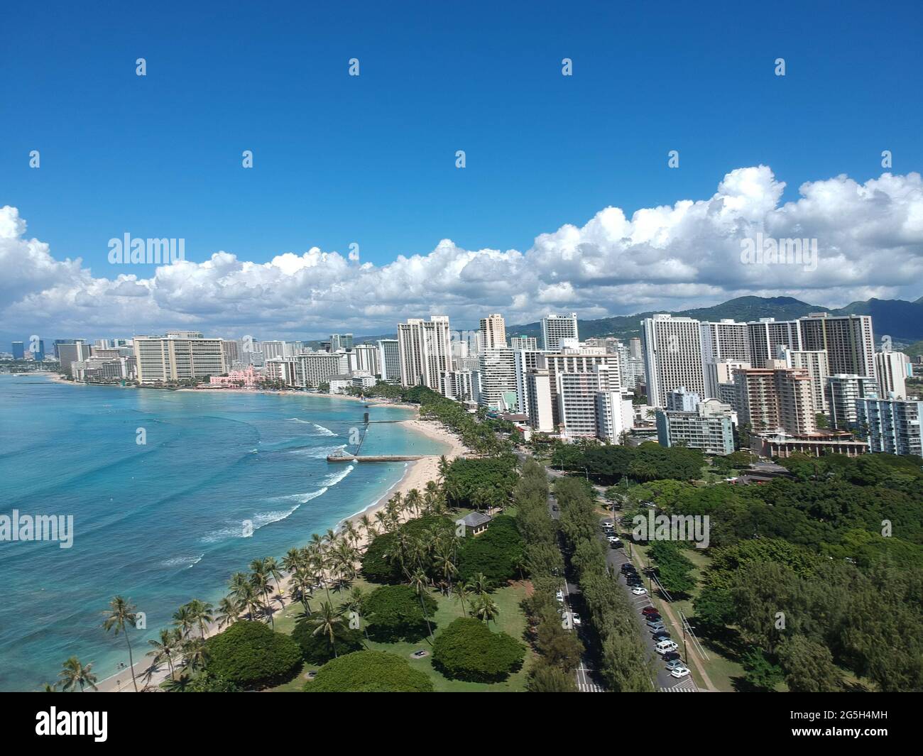 Panorama Aerial drone view of Waikiki Beach Honolulu Hawaii USA hotels ...