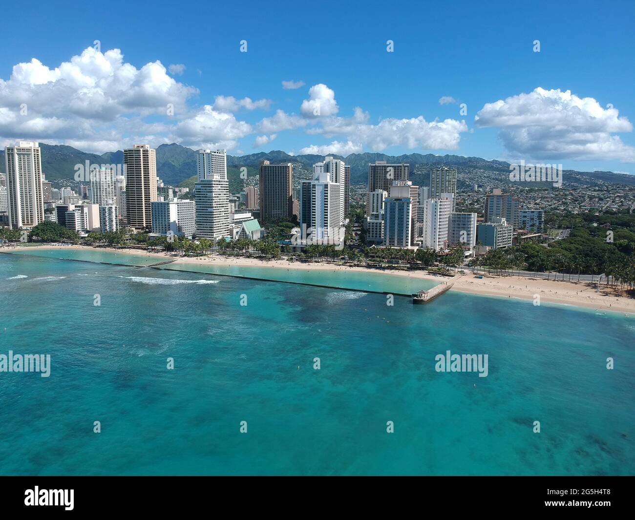 Panorama Aerial drone view of Waikiki Beach Honolulu Hawaii USA hotels ...