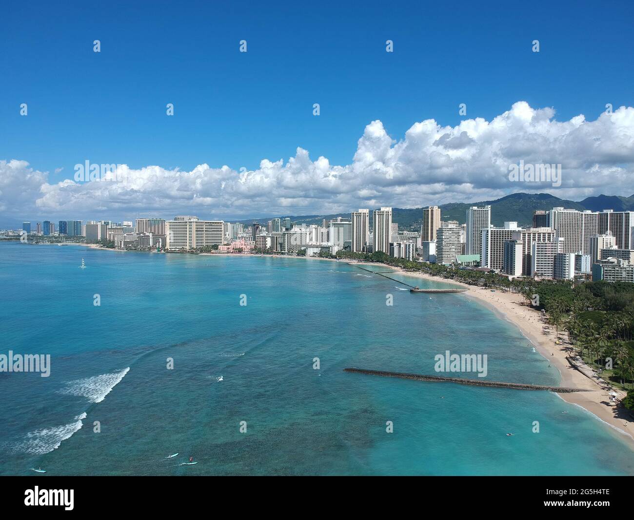 Panorama Aerial drone view of Waikiki Beach Honolulu Hawaii USA hotels ...