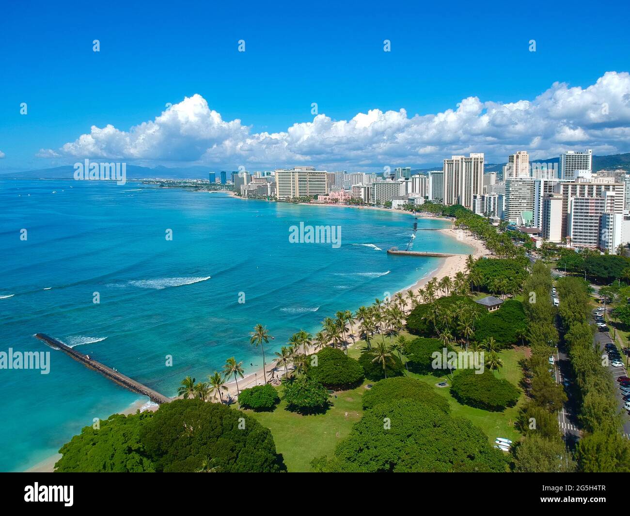 Panorama Aerial drone view of Waikiki Beach Honolulu Hawaii USA hotels ...