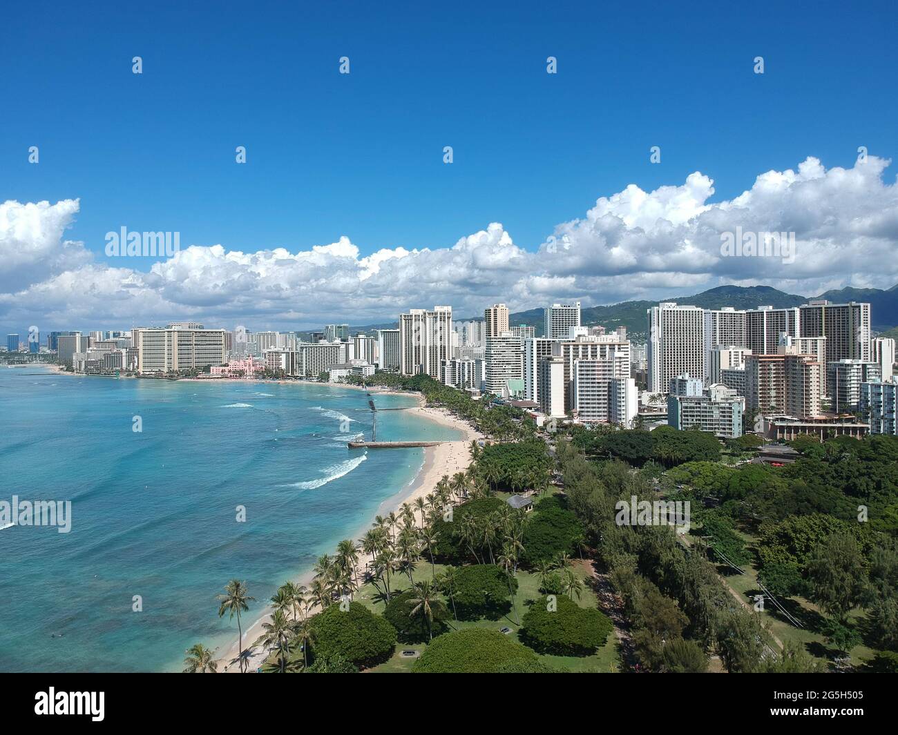 Panorama Aerial drone view of Waikiki Beach Honolulu Hawaii USA hotels ...