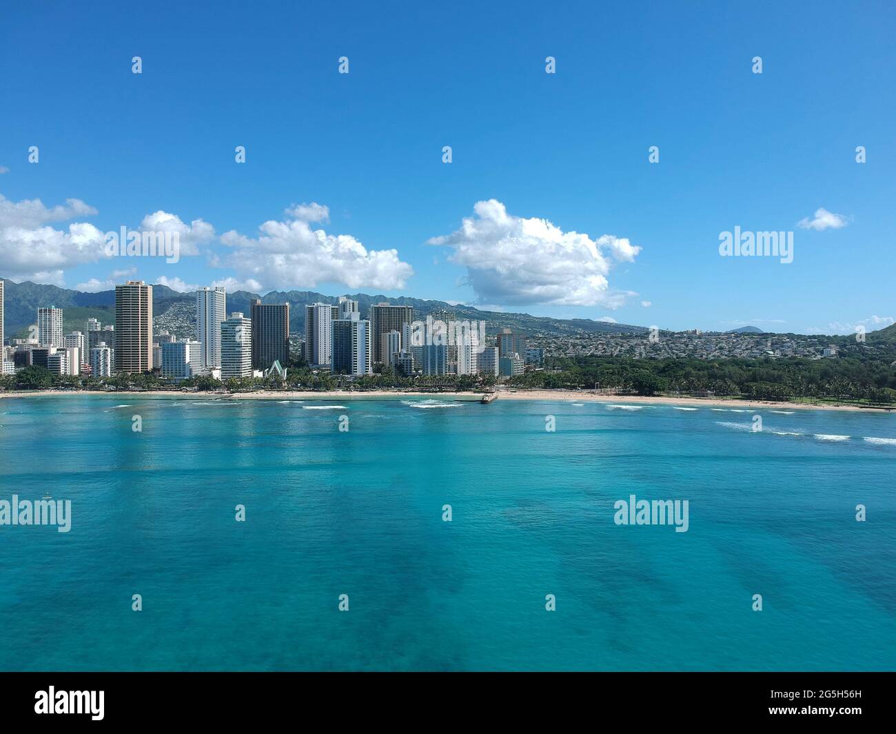 Panorama Aerial drone view of Waikiki Beach Honolulu Hawaii USA hotels ...
