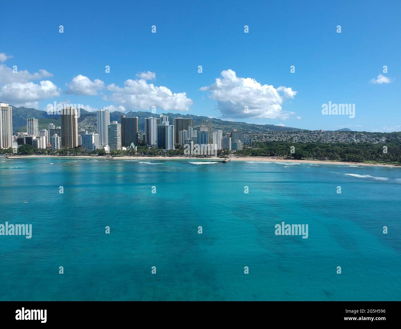 Panorama Aerial drone view of Waikiki Beach Honolulu Hawaii USA hotels ...