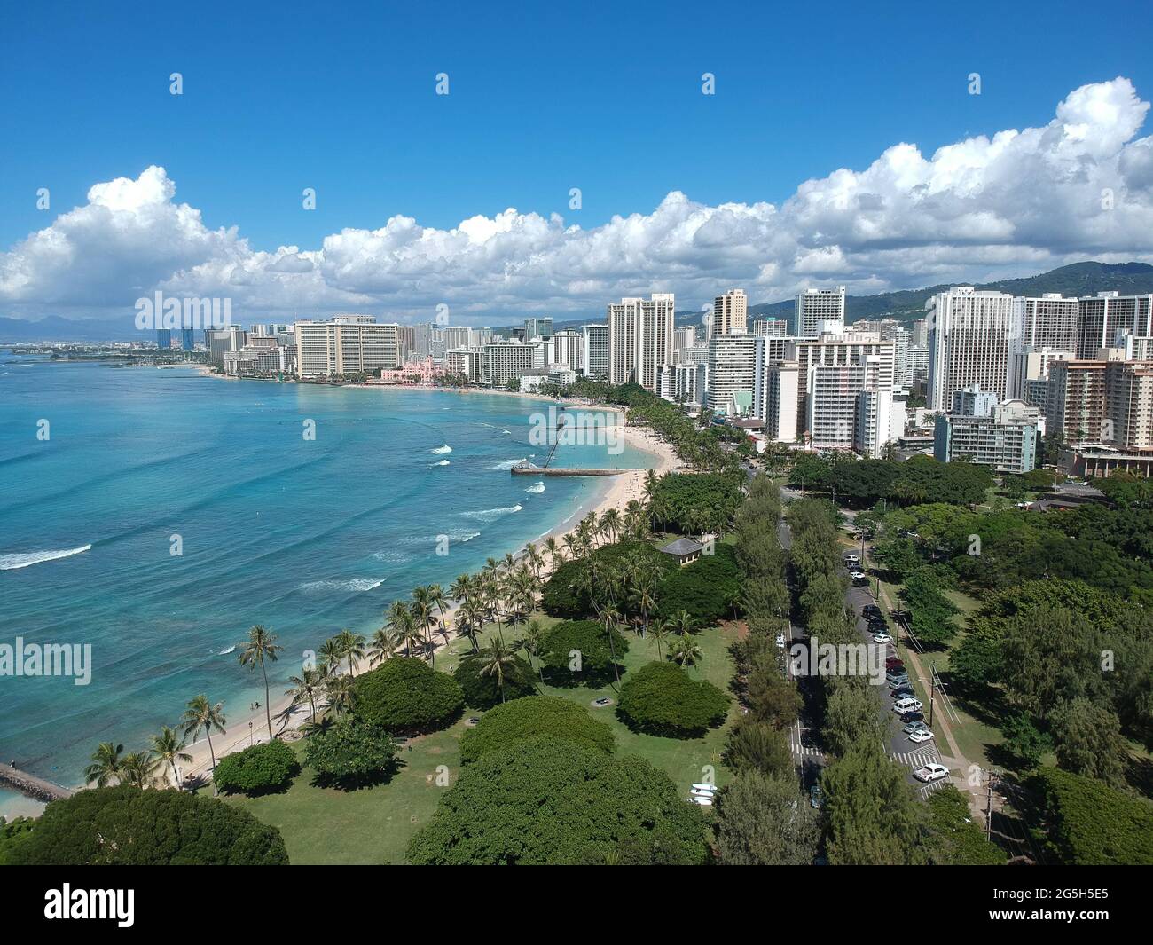 Panorama Aerial drone view of Waikiki Beach Honolulu Hawaii USA hotels ...