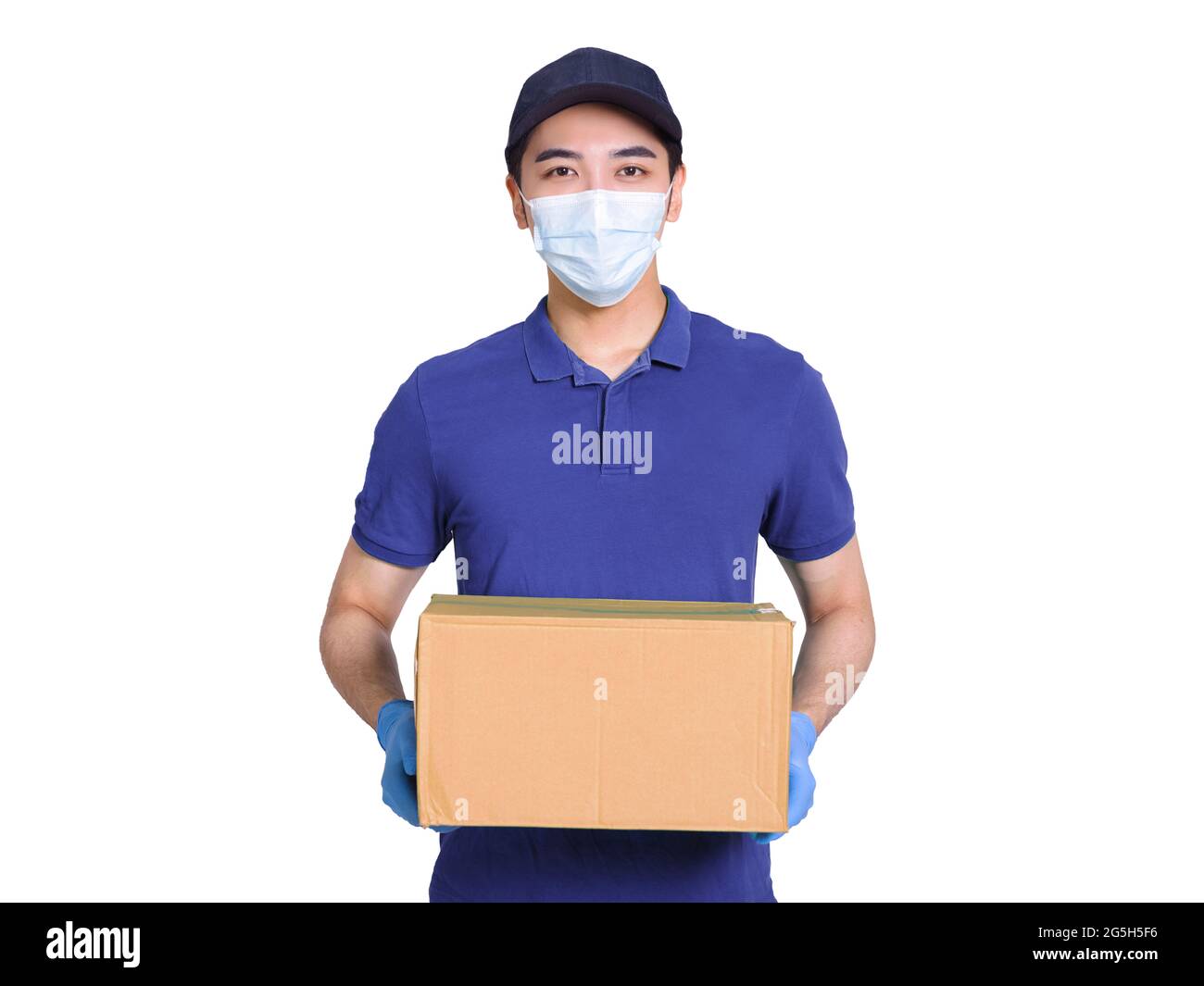 Young courier, employed wearing blue clothes and hats, protective masks ...