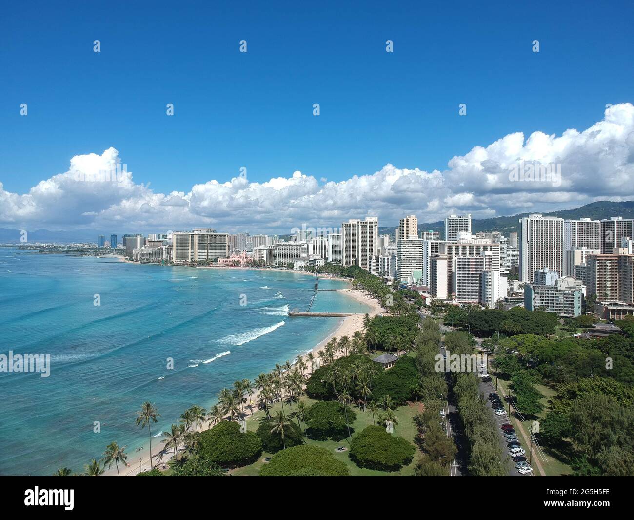 Panorama Aerial drone view of Waikiki Beach Honolulu Hawaii USA hotels ...