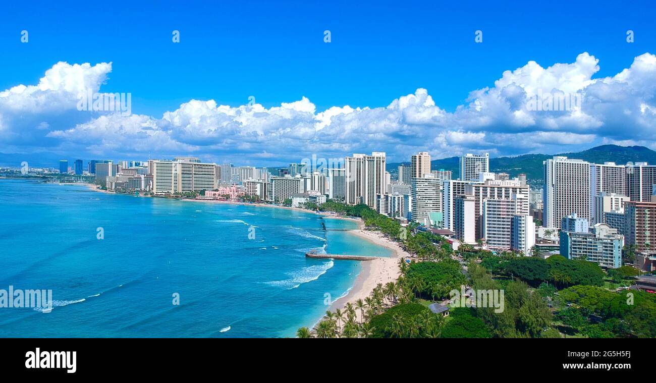 Panorama Aerial drone view of Waikiki Beach Honolulu Hawaii USA hotels ...