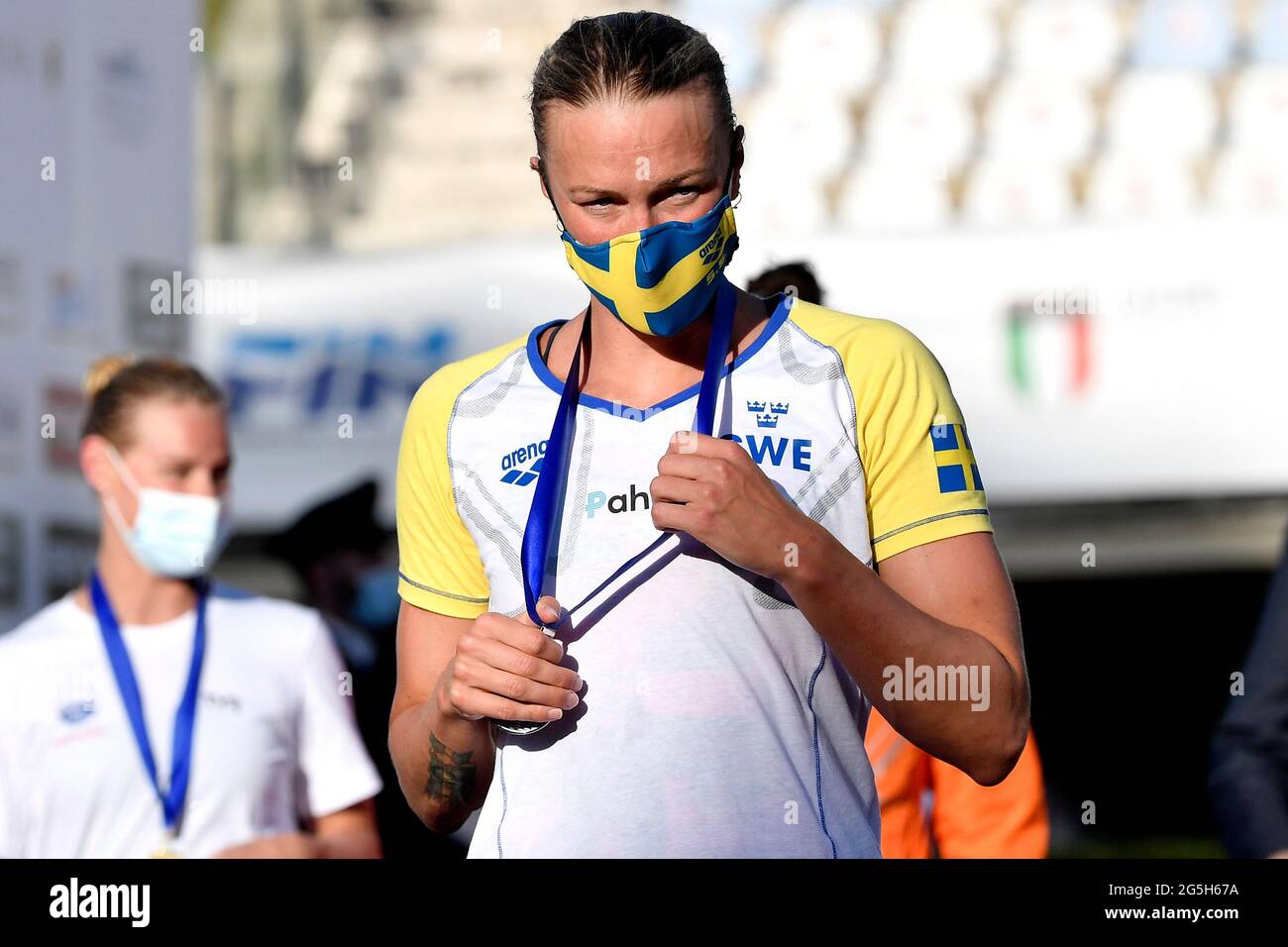 Rome, Italy. 27th June, 2021. Sarah Sjostrom reacts during the prize ...
