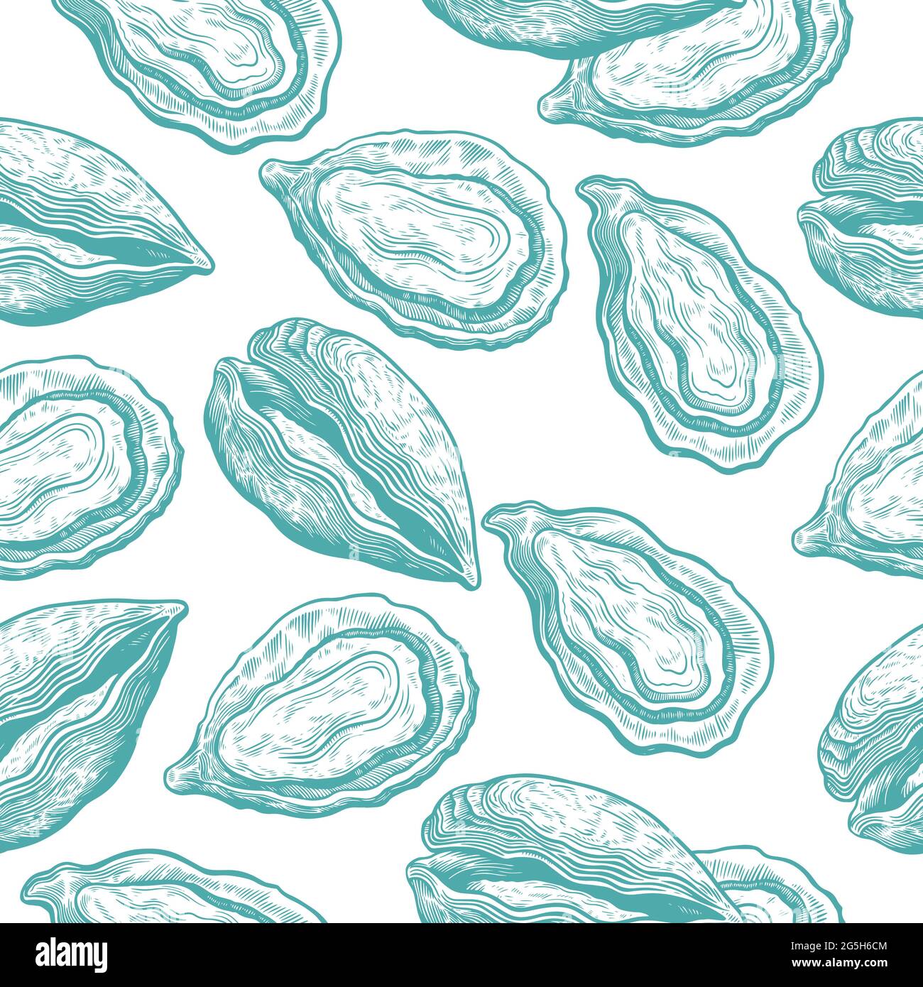 Vintage seamless pattern with oyster shells in engraving sketch hand ...