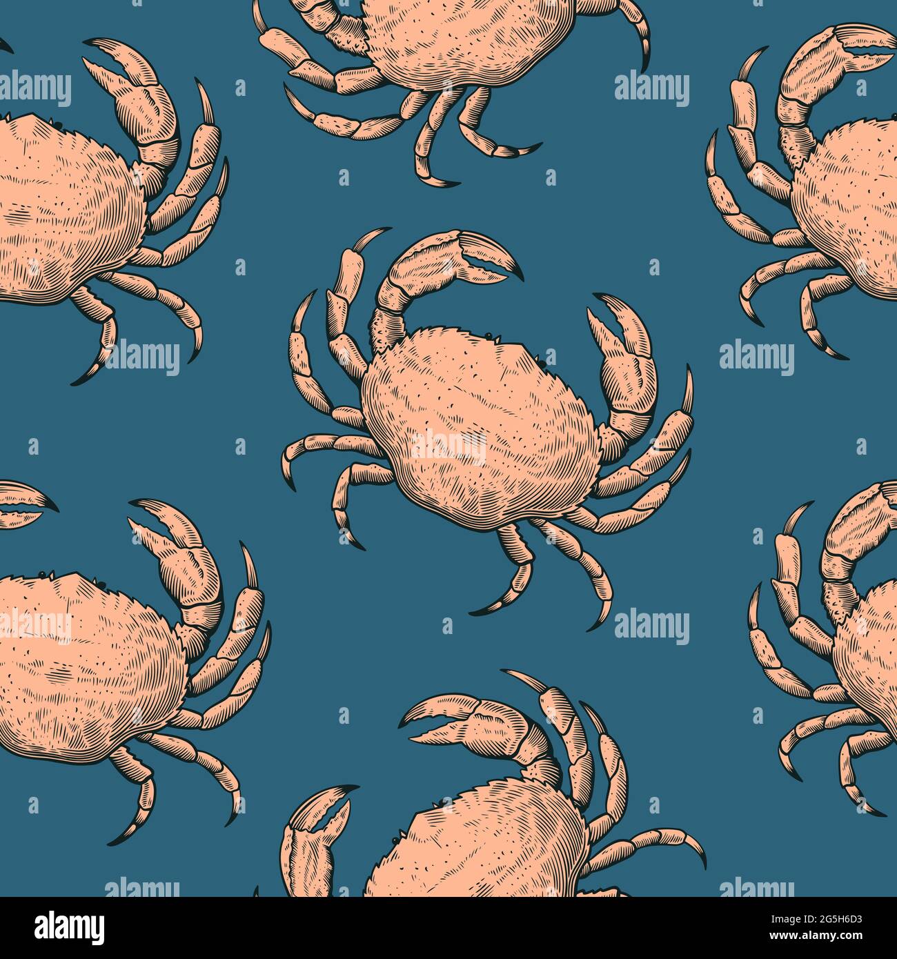 Vintage seamless pattern with hand drawn crabs in sketch engraving ...