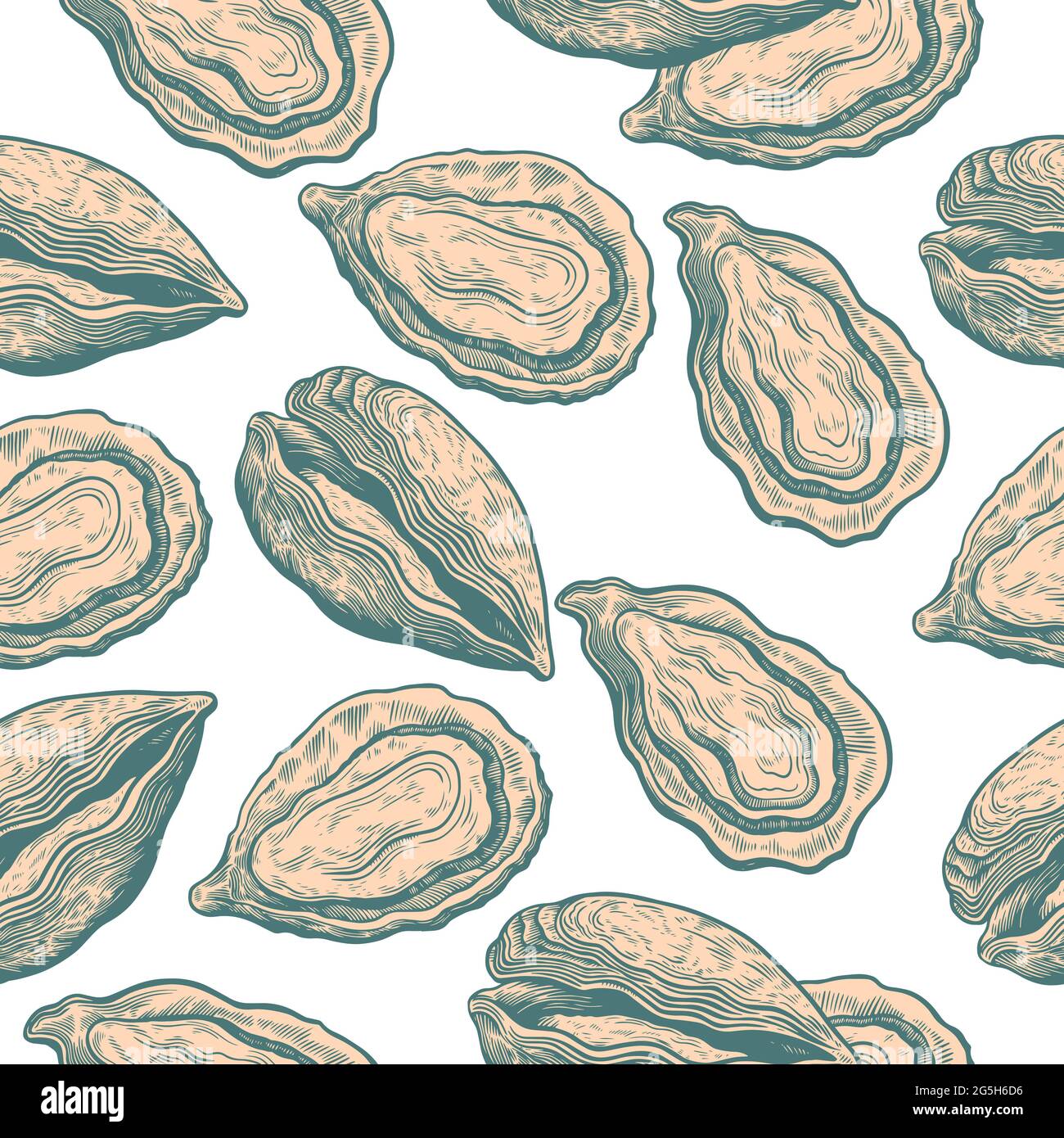 Vintage seamless pattern with oyster shells in engraving sketch hand ...