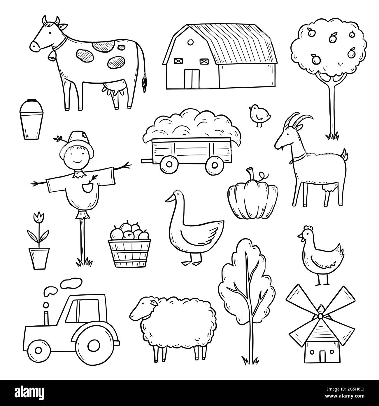 Hand drawn set farm animal, horse, cow, farmer food. Doodle sketch ...