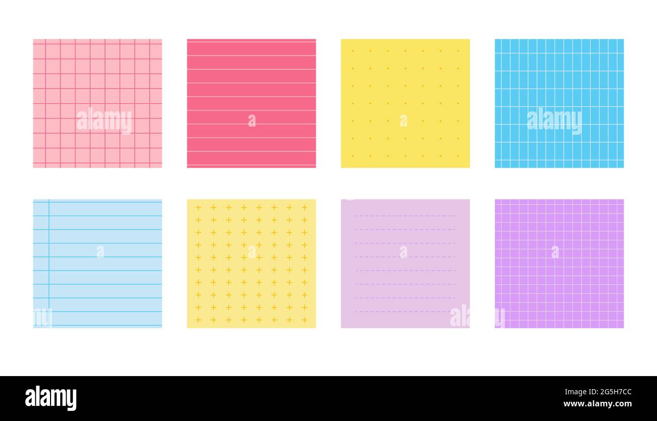 Flat colored paper notes set. Squared templates sheet with different ...