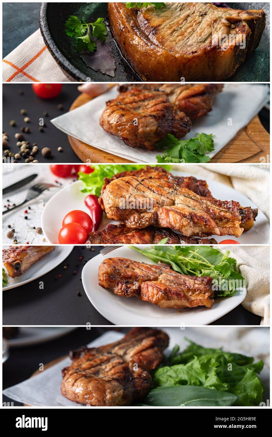 collage of five meat assortie photos on white background Stock Photo ...