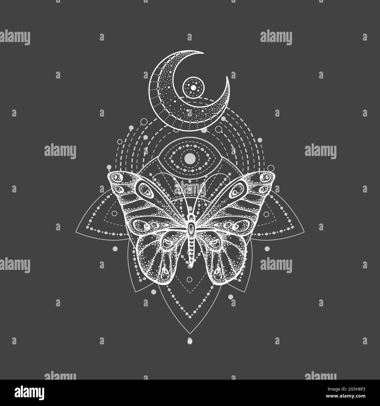 Vector illustration with hand drawn butterfly and Sacred geometric ...