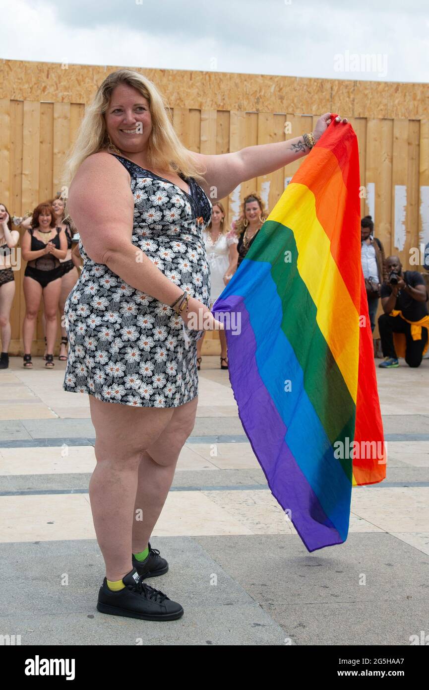 A model walks on the runway during the All Sizes Catwalk show as part ...