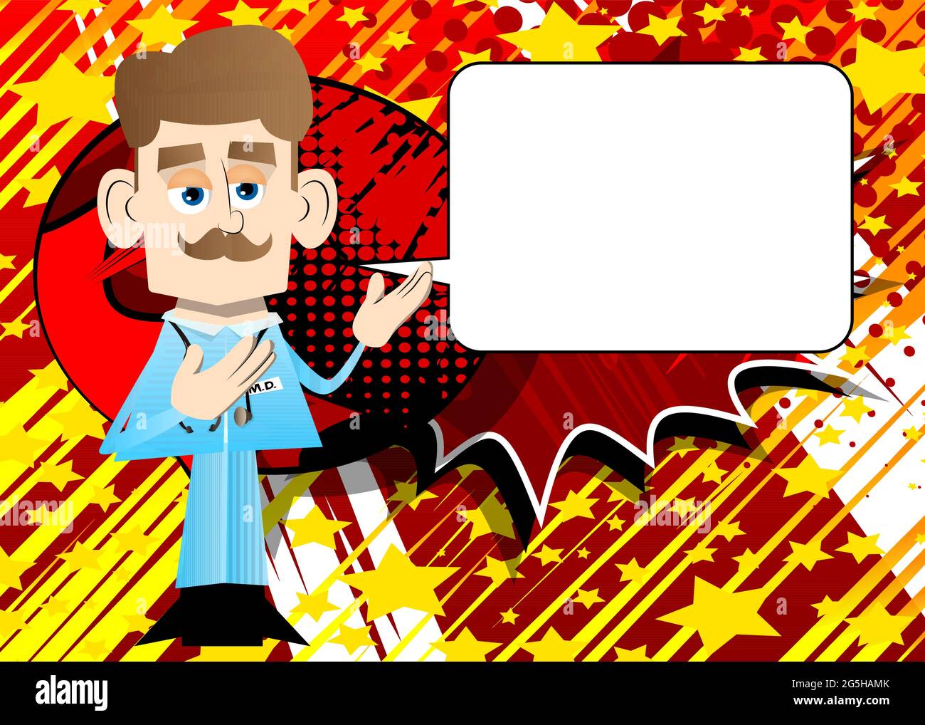 Funny cartoon doctor showing something with both hands, powerful hand ...