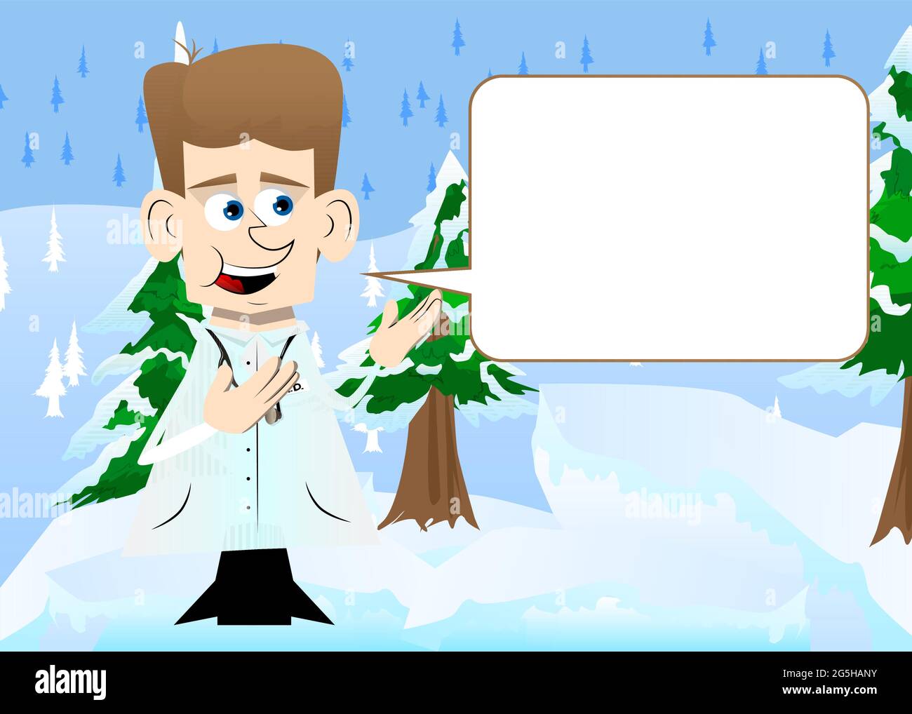 Funny cartoon doctor showing something with both hands, powerful hand ...