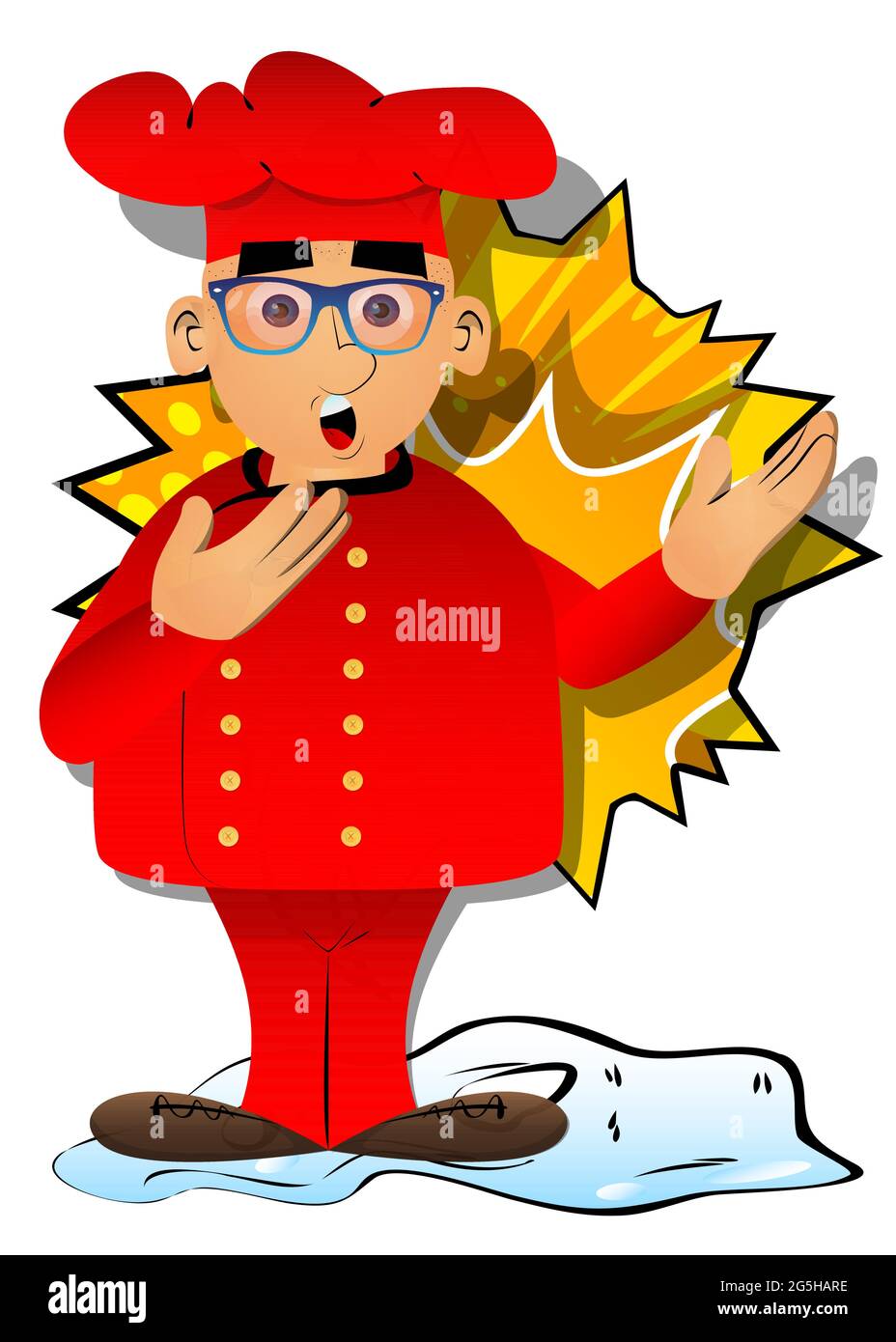 Fat male cartoon chef in uniform showing something with both hands ...