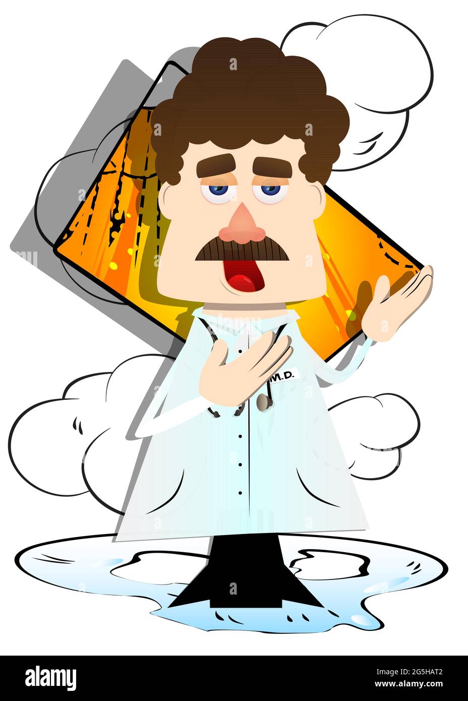 Funny cartoon doctor showing something with both hands, powerful hand ...