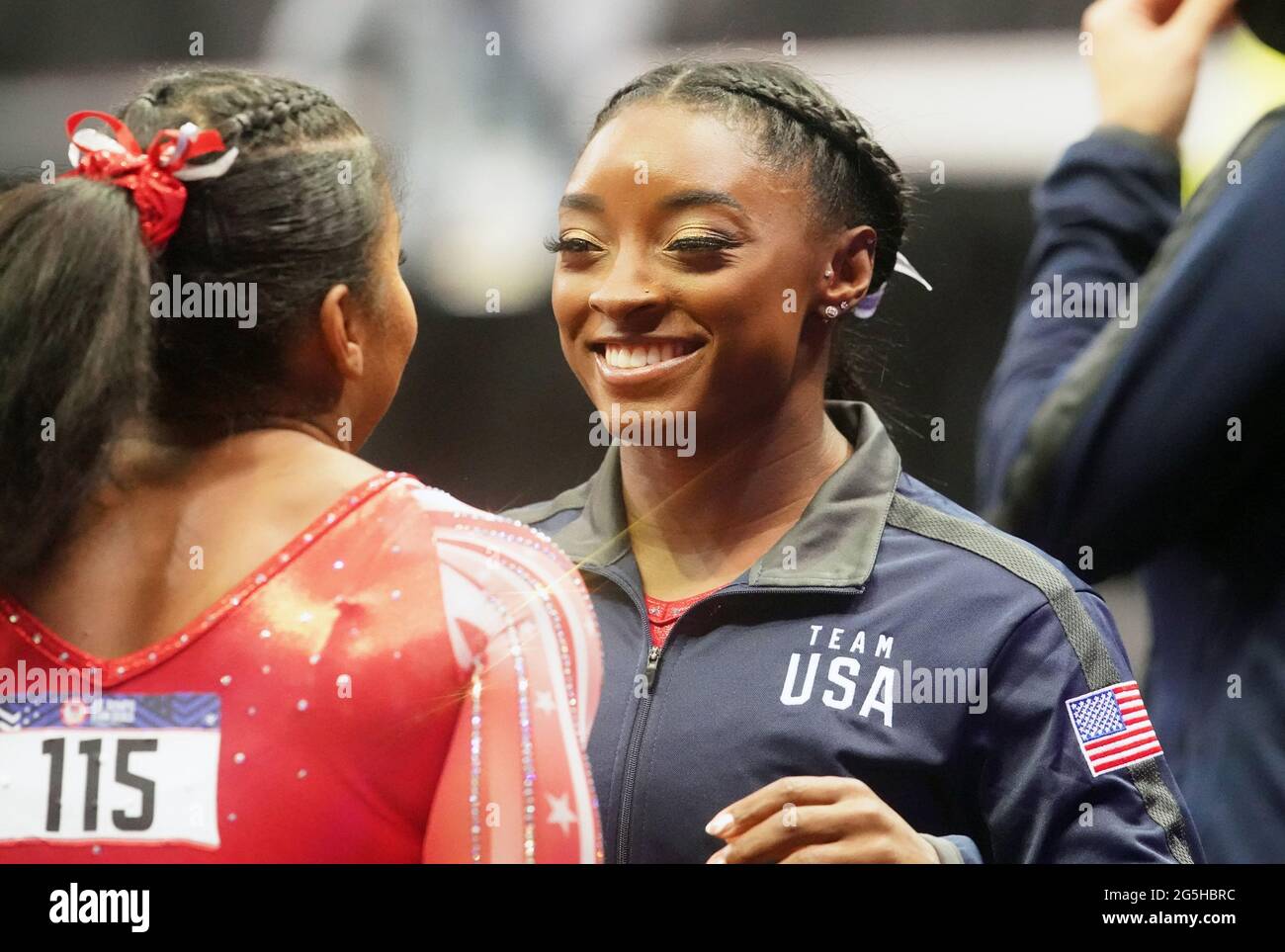 St. Louis, United States. 27th June, 2021. Gymnast Simone Biles talks ...