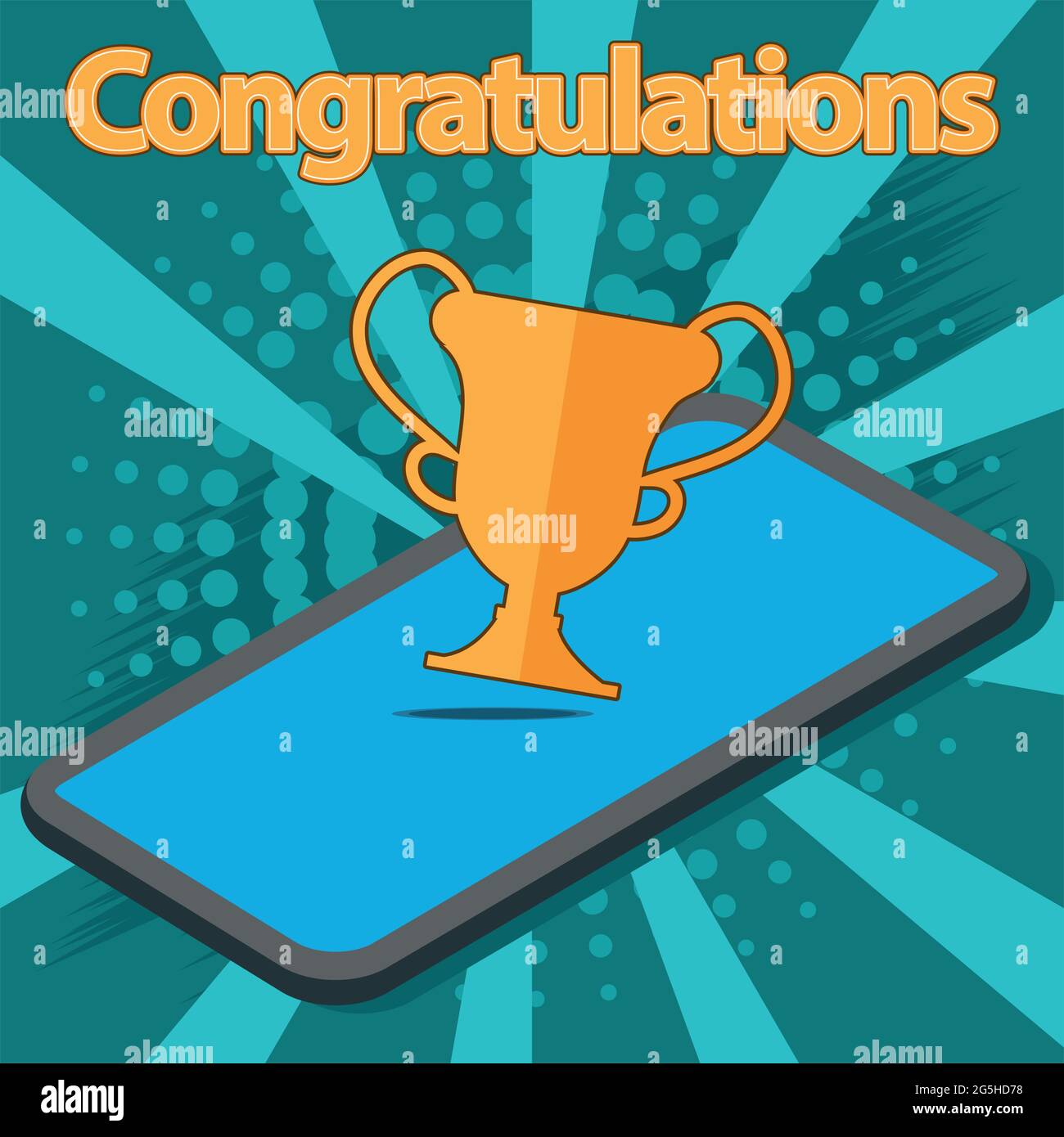 Congratulations with trophy on the flat background. Flat vector ...